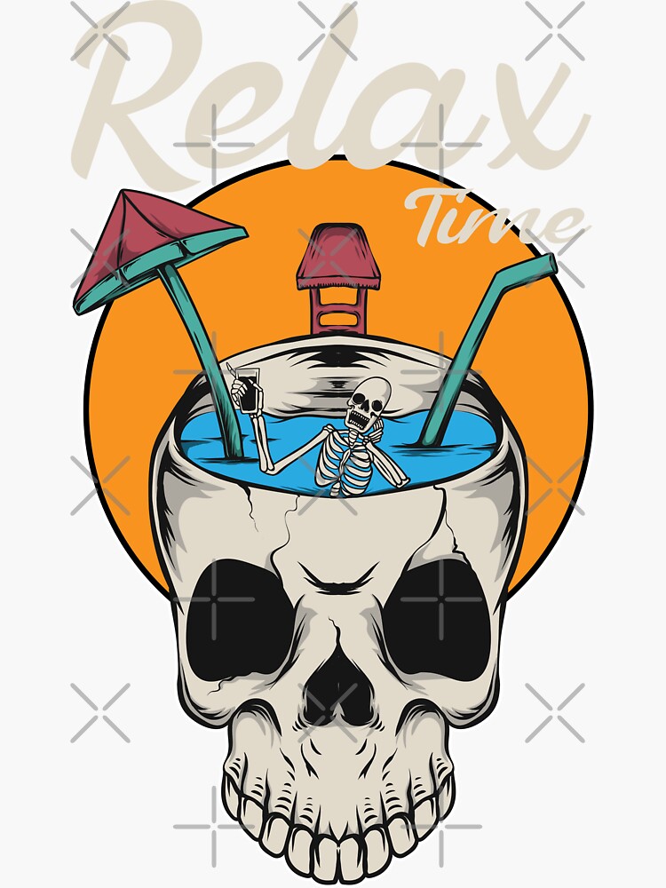 "skull head with umbrella, straw, swimming pool with relax time letters ...
