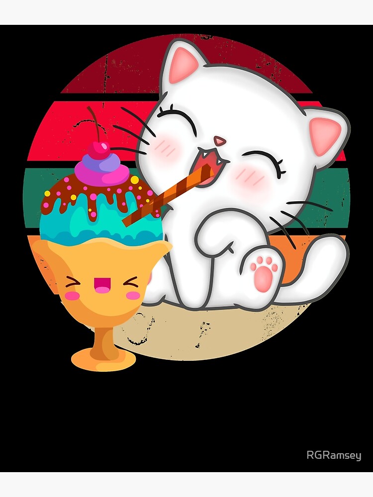 "Kawaii Cat Eating Ice Cream Sundae Retro" Poster for Sale by RGRamsey ...