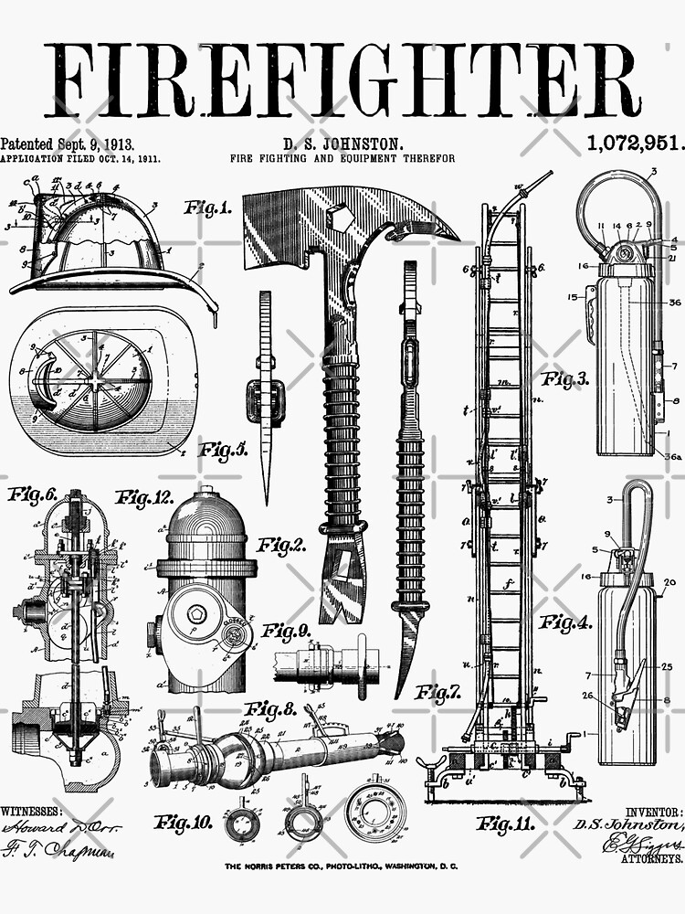 "Firefighter Fire Department Fireman Vintage Patent Print" Sticker for ...