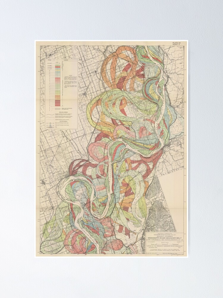 "Antique Mississippi River Meander Fisk Banner Map" Poster for Sale by ...