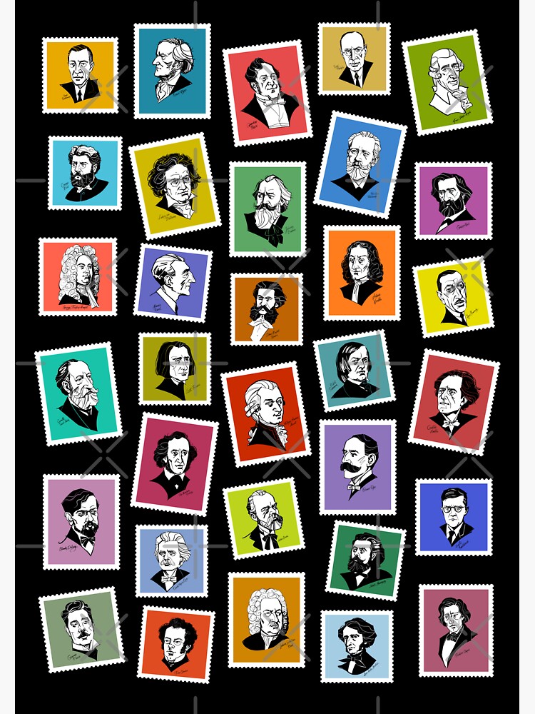 "32 graphic portraits of the greatest composers on stamps (color poster ...