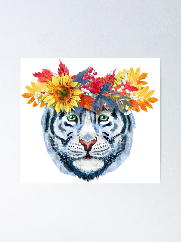"Colorful white tiger in wreath of autumn leaves" Poster for Sale by ...