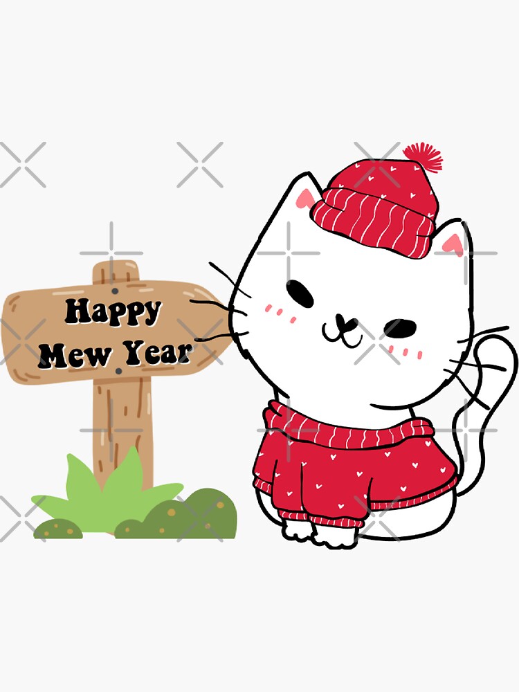 "Happy Mew Year - Cute Cat With A Sign Board" Sticker for Sale by ...