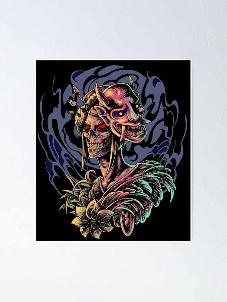 "japanese skull geisha with devil mask" Poster for Sale by bisly ...