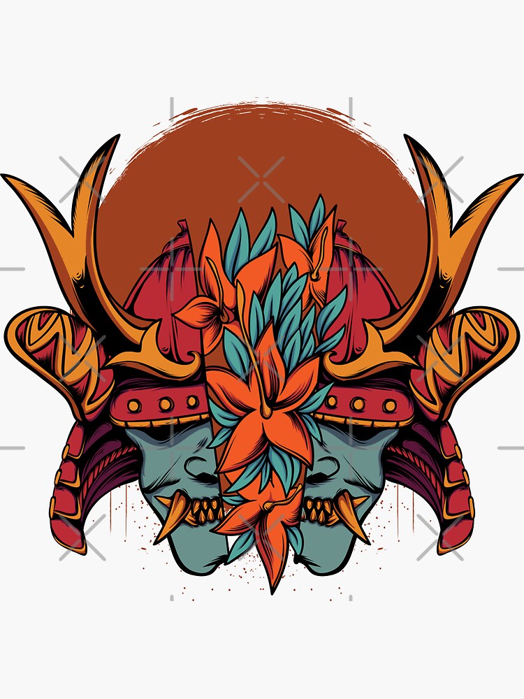 "oni mask with split Japanese samurai helmet and flower illustration ...