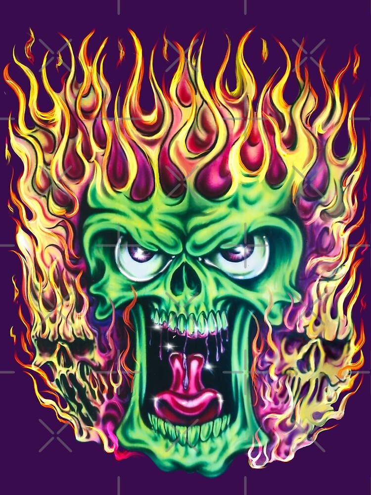 "Drooling green flamed skull with yellow and purple skulls and flames ...