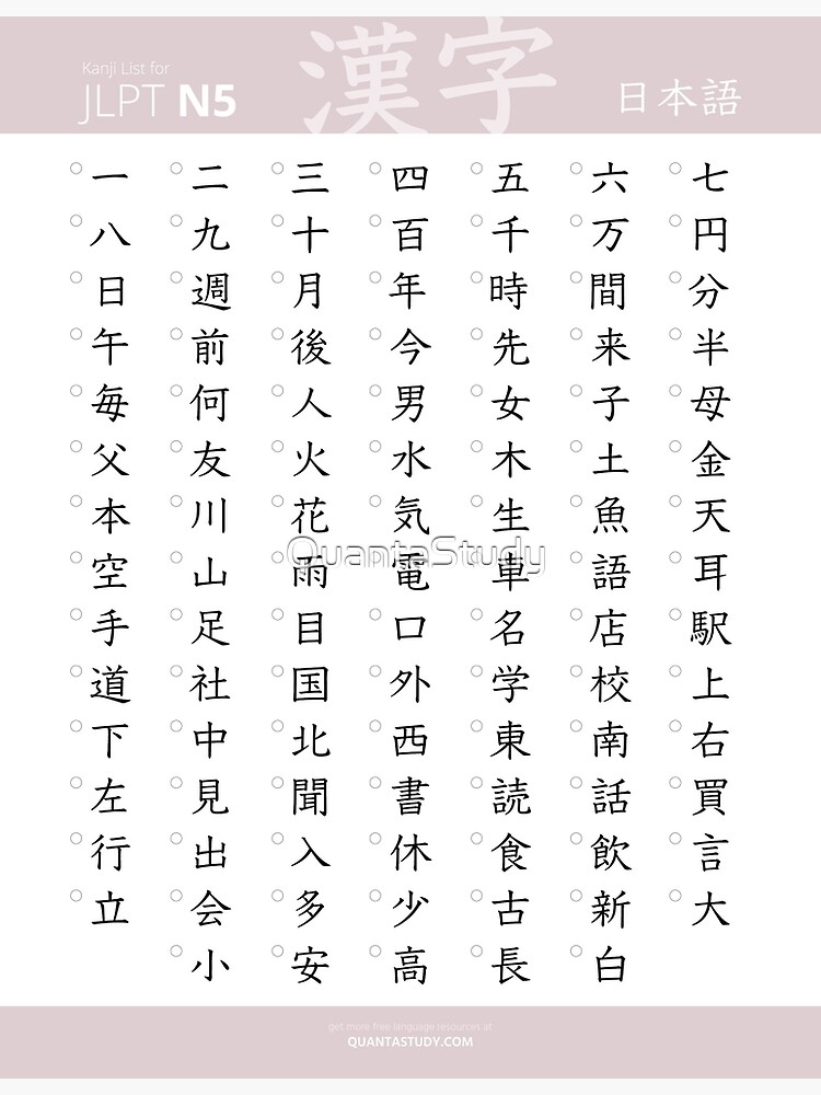 "JLPT N5 Japanese Kanji Poster (Pink)" Photographic Print for Sale by QuantaStudy | Redbubble