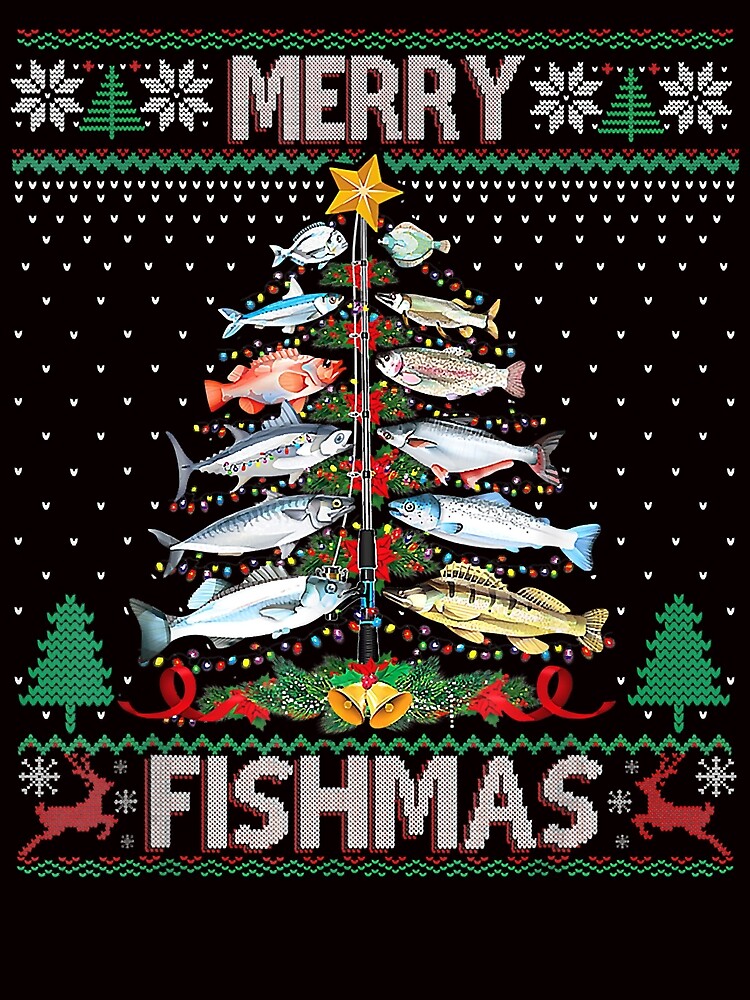 "Merry Fishmas Ugly Sweater Fish Fishing Rod Christmas Tree" Greeting ...