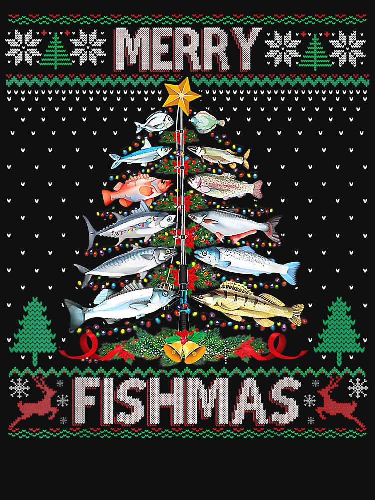 "Merry Fishmas Ugly Sweater Fish Fishing Rod Christmas Tree" T-shirt ...
