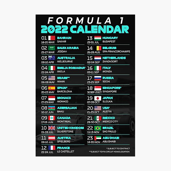 Lámina fotográfica «Calendario F1 2022 Todos los circuitos Cyan» de ...