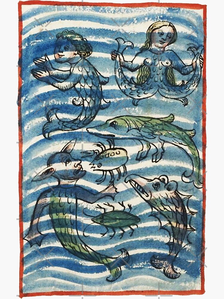"MEDIEVAL BESTIARY SEA MONSTERS ,TRITON ,MERMAID AND FISHES IN BLUE ...