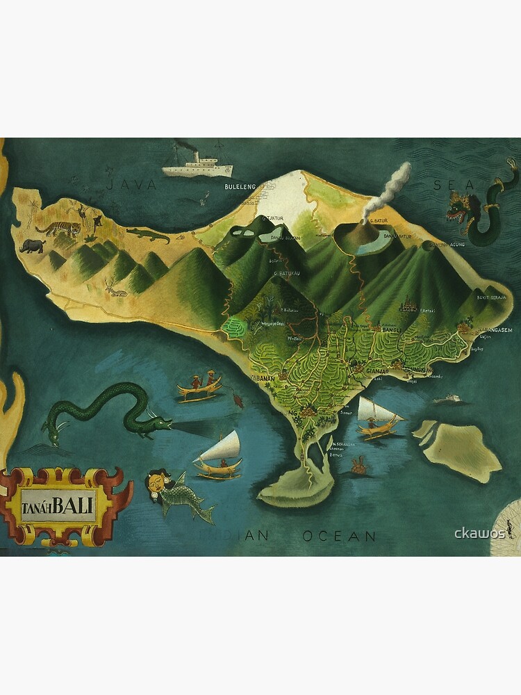 "Map of Bali - Locations of volcanoes, flora and fauna " Poster by ...