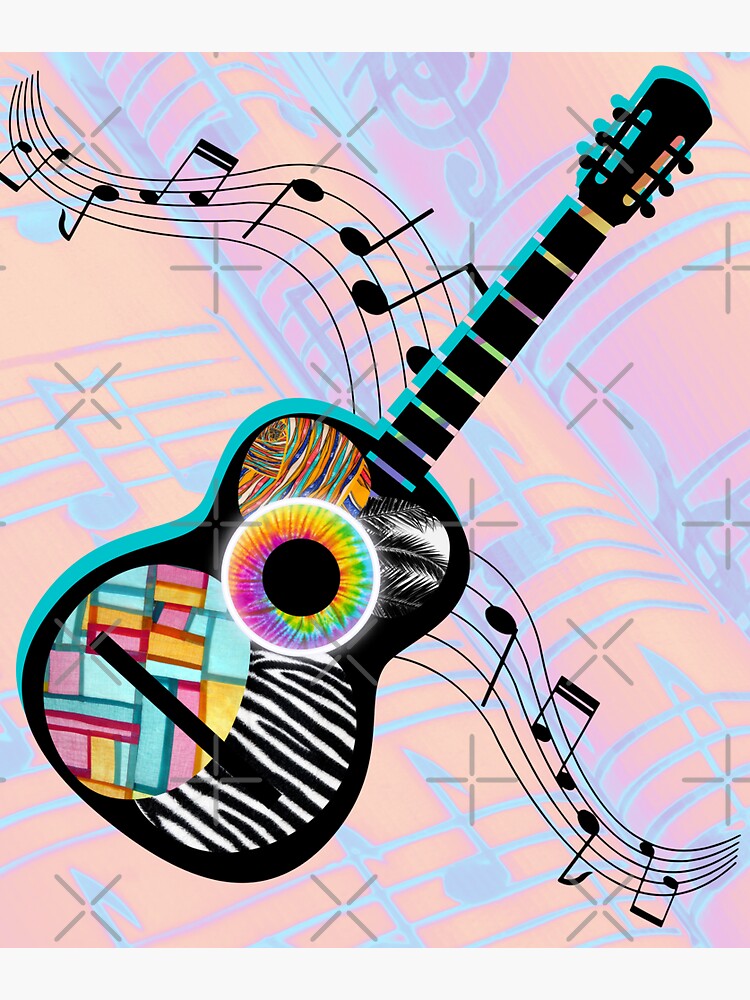 "Guitar in Retro Colors Set on a Background of Musical Notes" Sticker ...