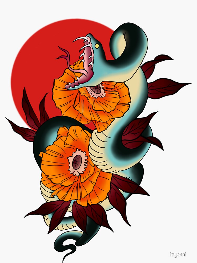 "Neo-Traditional Snake with Orange Flowers " Sticker by izyomi | Redbubble