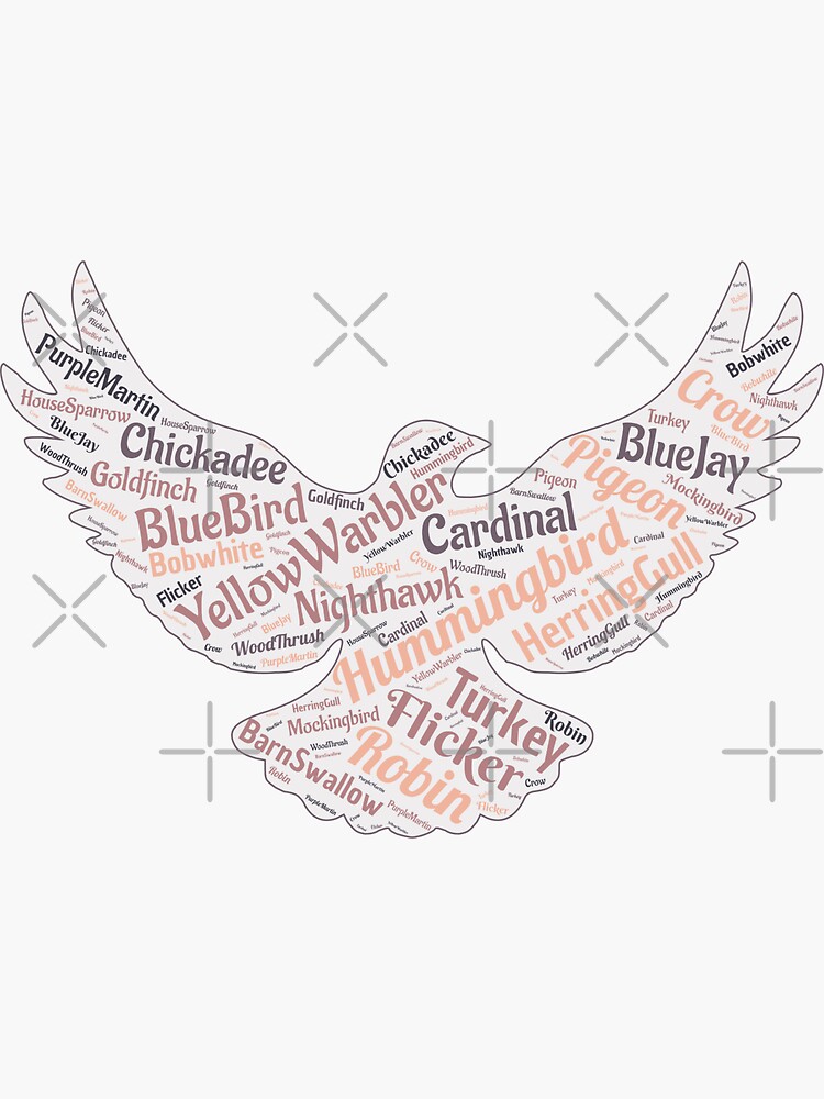 "Birds Word Cloud (Dove Shape)" Sticker by Obitez | Redbubble