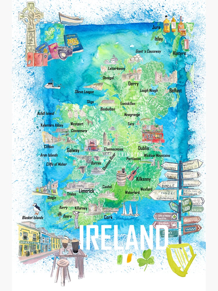 "Ireland Illustrated Travel Map with Tourist Highlights - Signpost ...