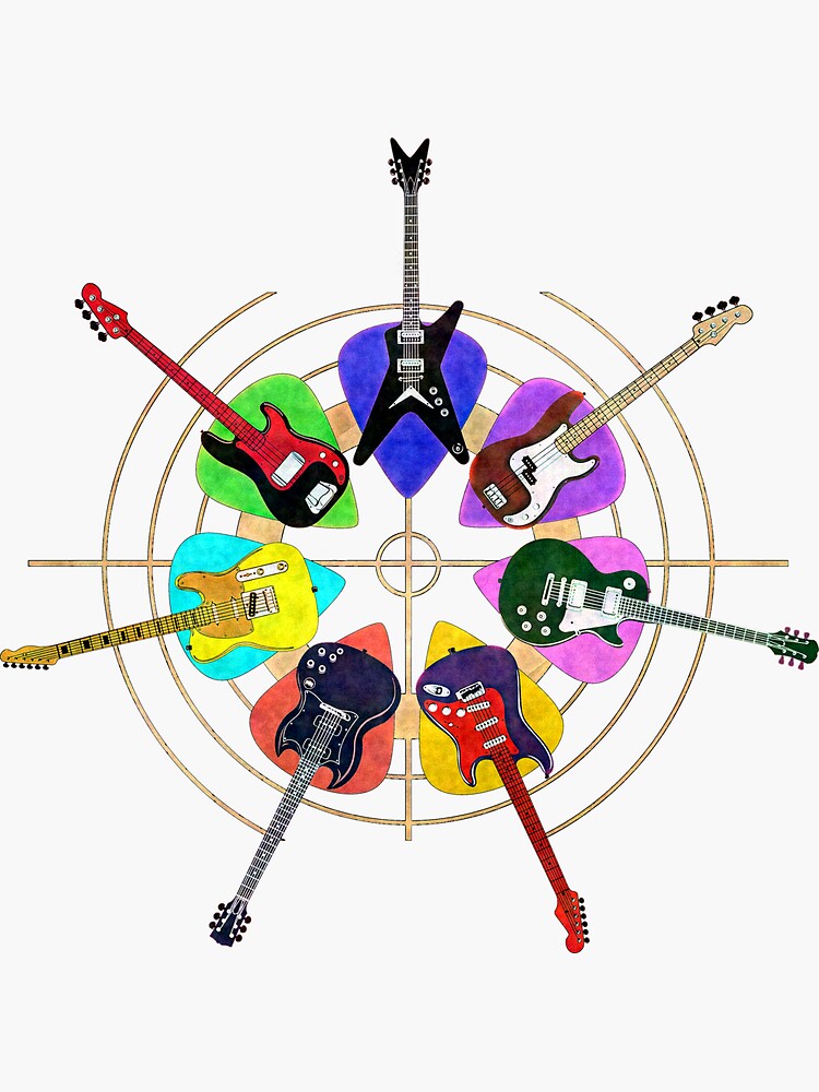 "7 electric guitars and picks in a target circle (old)" Sticker for ...