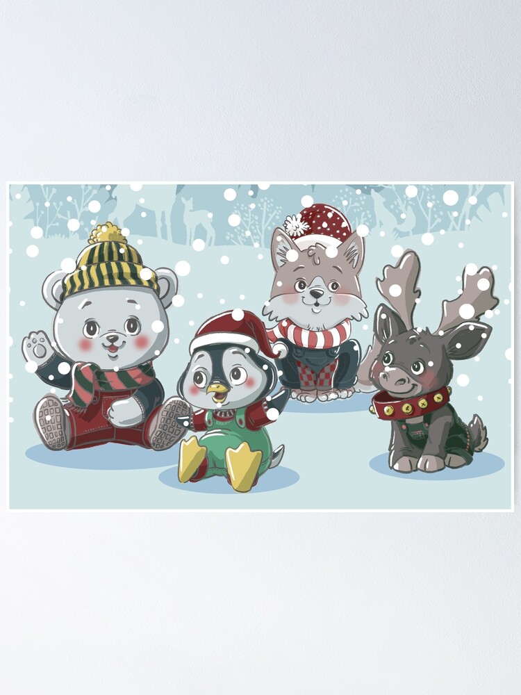"Holiday Arctic Animals in Overalls in a Winter Snowscape" Poster for ...