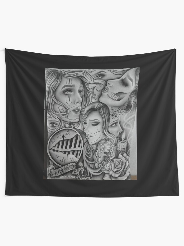 "Sad eyes chola clown , Chicano art , black and grey art" Tapestry for ...
