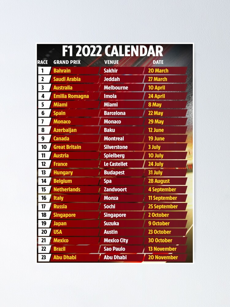 "F1 2022 Calendar" Poster by khalil-is-here | Redbubble