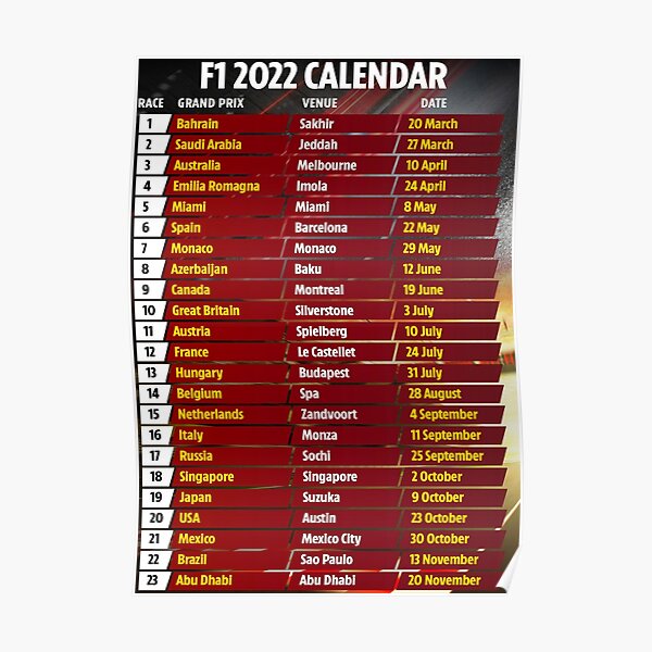 "F1 2022 Calendar" Poster by khalil-is-here | Redbubble