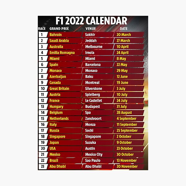 "F1 2022 Calendar" Photographic Print by khalil-is-here | Redbubble