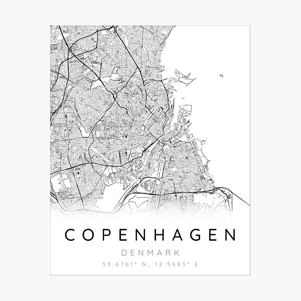 Lámina fotográfica «Mapa de Copenhague minimalista en blanco y negro ...