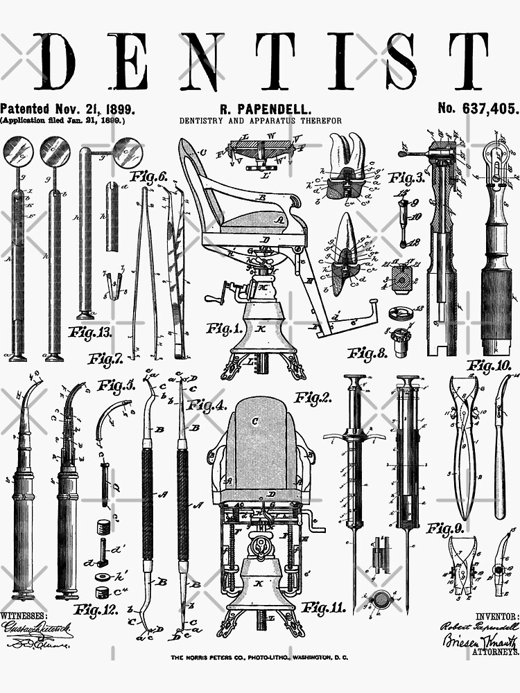 "Dentist Dentistry Dental Tools Kit Vintage Patent Print" Sticker for ...