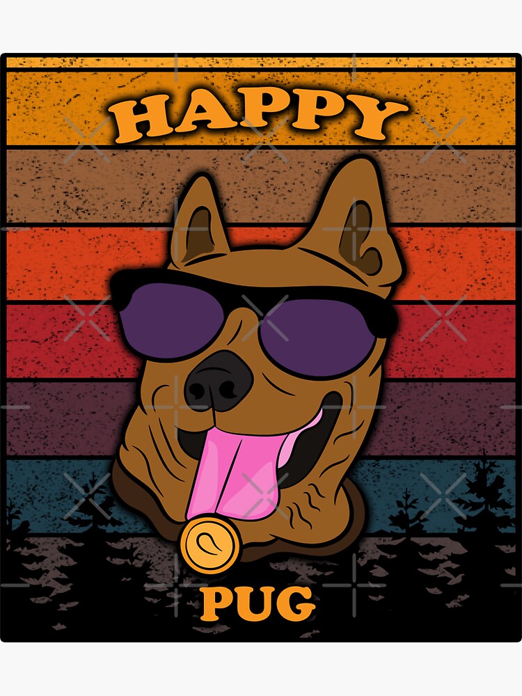 "Happy pug distressed sunset retro dog face design" Sticker for Sale by ...