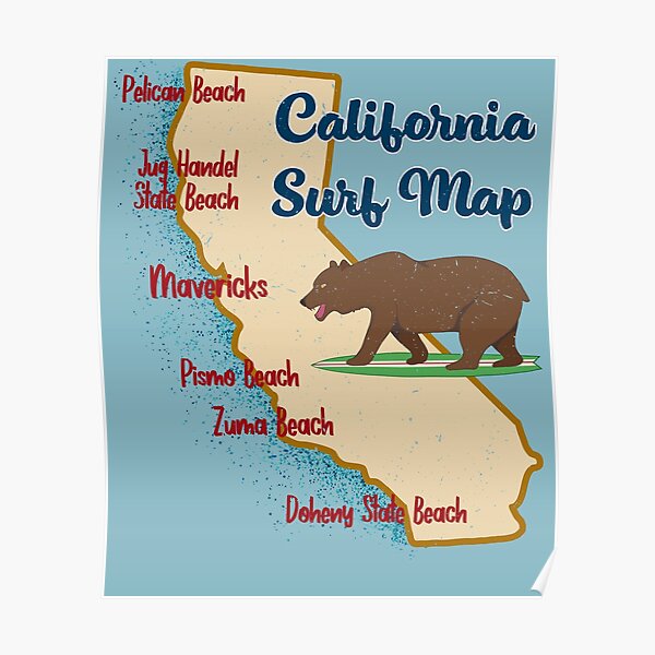 "Cool Surfer's California Surf Map" Poster for Sale by OliviaGbyKyro ...