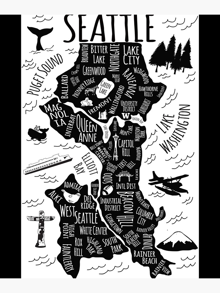 "Seattle Illustrated Map in Black and White " Poster for Sale by ...