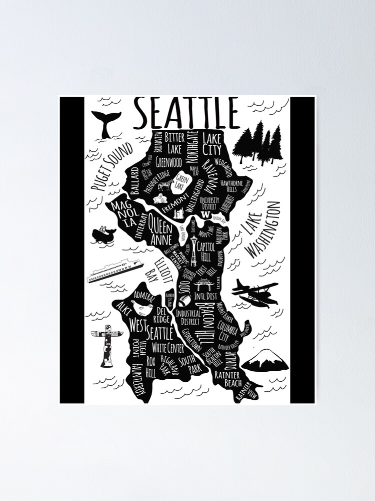 "Seattle Illustrated Map in Black and White " Poster for Sale by ...