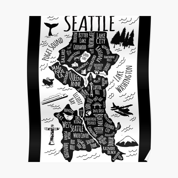 "Seattle Illustrated Map in Black and White " Poster for Sale by ...