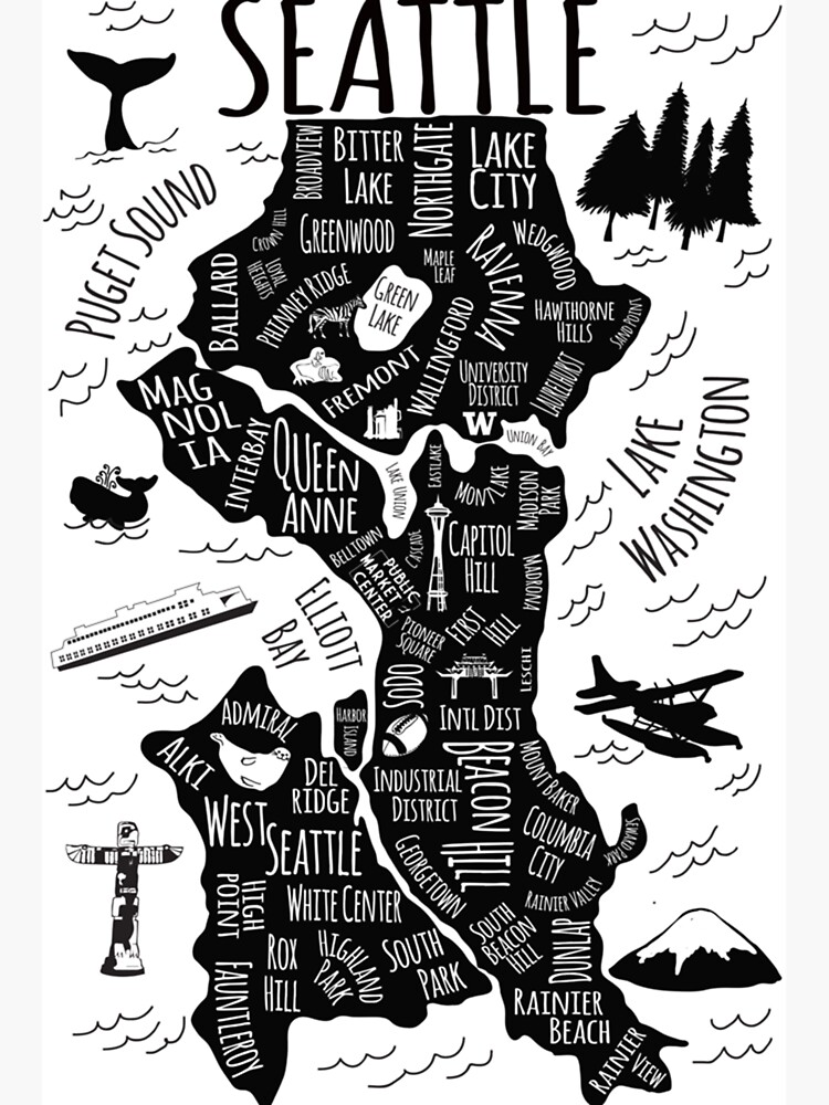 "Seattle Illustrated Map in Black and White " Sticker for Sale by ...