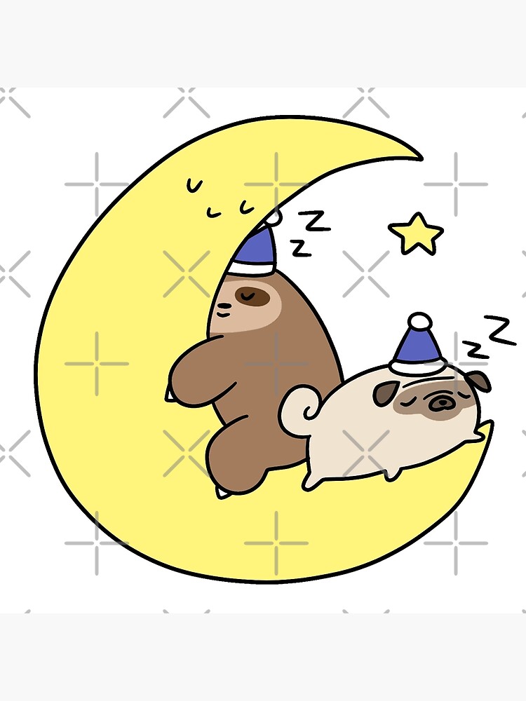 "Sleepy Moon Sloth and Pug" Art Print by SaradaBoru | Redbubble