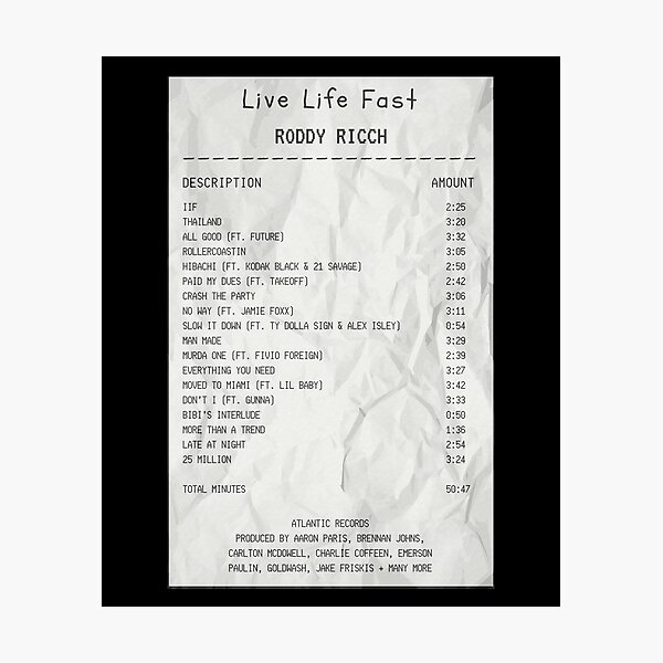 Lámina fotográfica «Diseño de recibo de álbum de Roddy Ricch LIVE LIFE ...