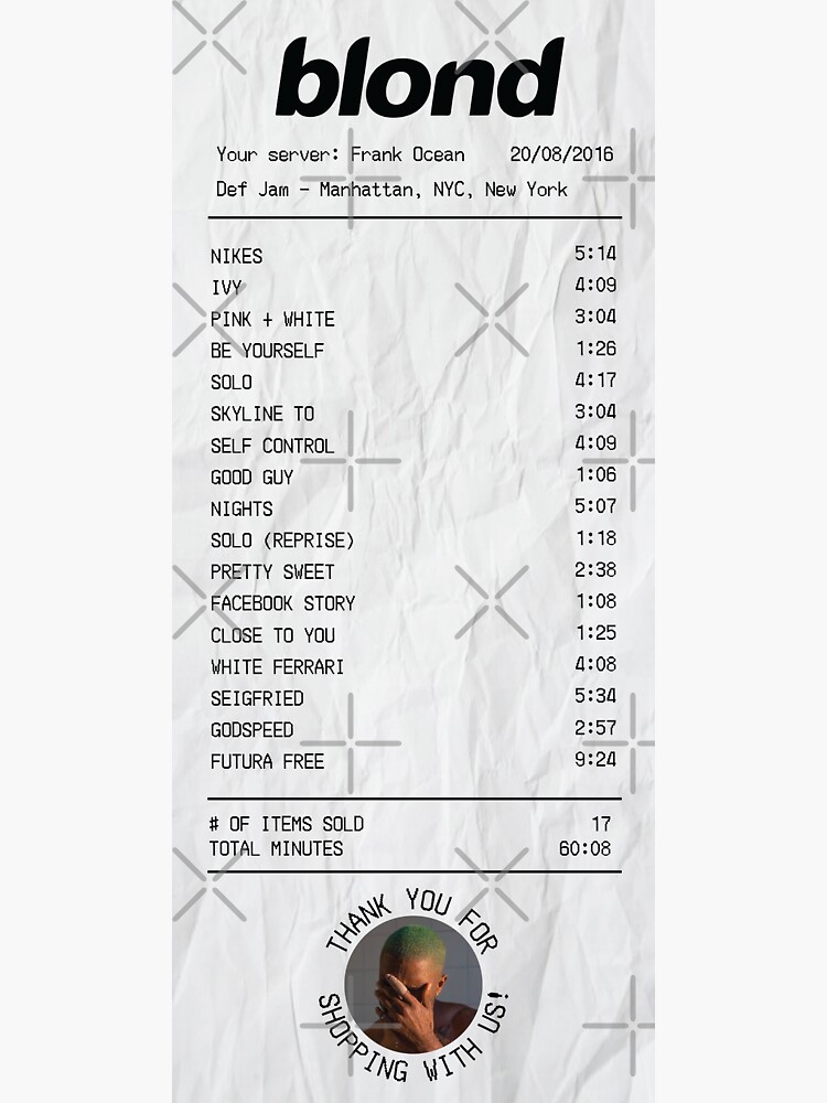 "blonde by frank ocean tracklist receipt" Sticker for Sale by ...