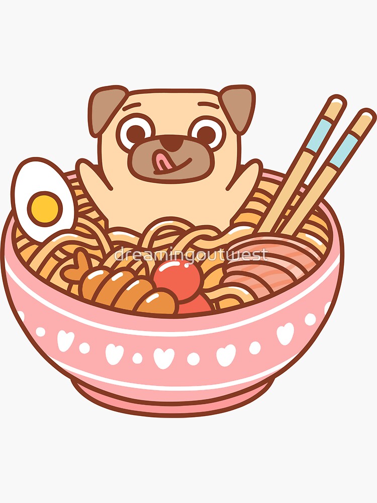 "Happy pug dog eating ramen noodles kawaii" Sticker for Sale by ...
