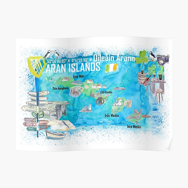 "Aran Islands Ireland Illustrated Travel Map with Tourist Highlights ...