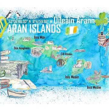 "Aran Islands Ireland Illustrated Travel Map with Tourist Highlights ...