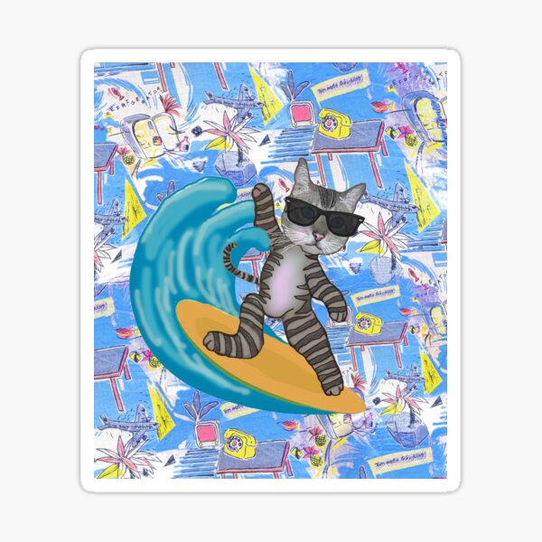 "Surfer Cat in California Beach, art by Miguel Matos Official" Sticker ...