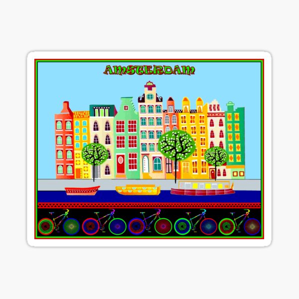 "AMSTERDAM : Psychedelic Bicycles Canal and Boat Print" Sticker by posterbobs | Redbubble