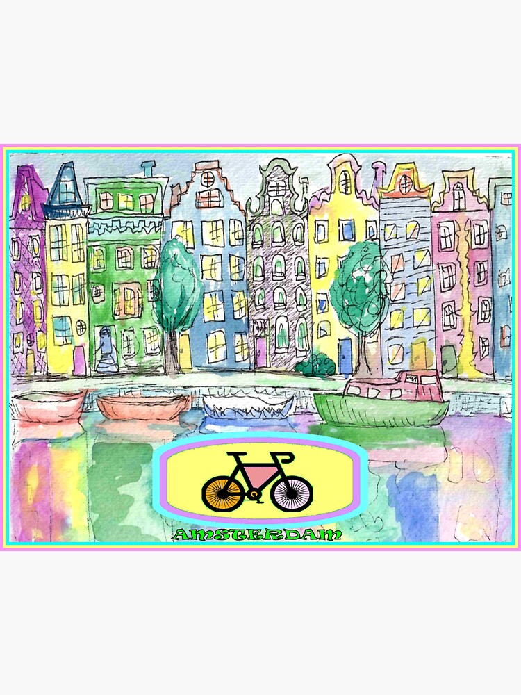 "AMSTERDAM : Psychedelic Bicycles Canal and Boat Pastel Print" Sticker for Sale by posterbobs ...