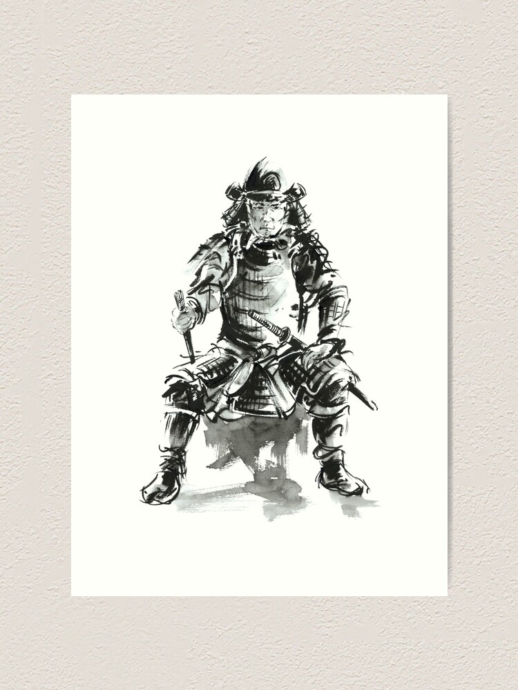 "Samurai ink art print, japanese warrior armor poster" Art Print by ...