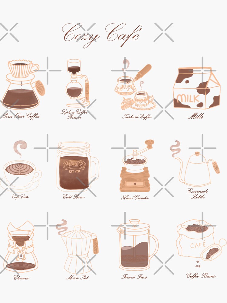 "Cozy Cafe coffee culture illustration stickers pack / set / sheet ...