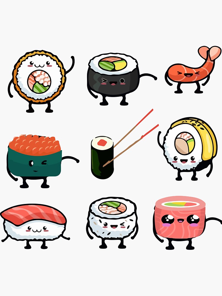 "Happy Sushi Anime Kawaii Set Japanese Food Lovers" Sticker by ezahra ...