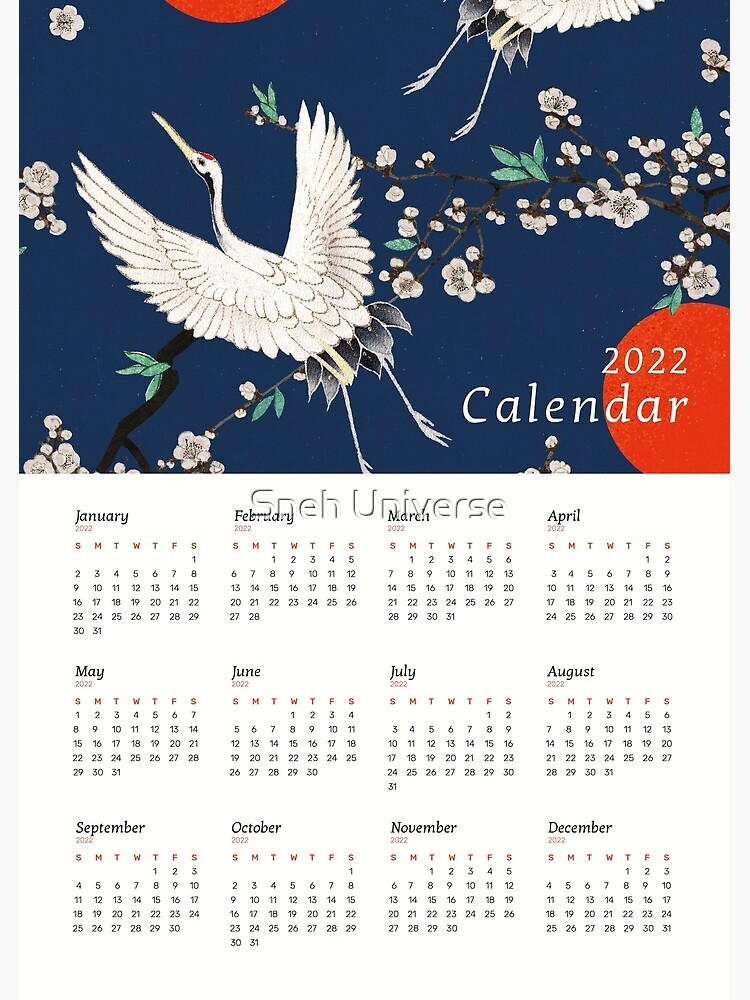 "2022 Calendar - Japanese Crane 2022 monthly calendar" Art Print by ...