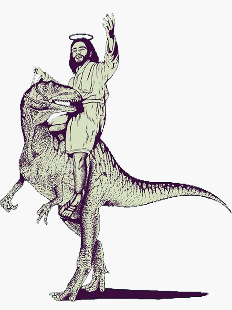 "Jesus Riding Dinosaur Sticker" Sticker for Sale by SaharHelmy | Redbubble