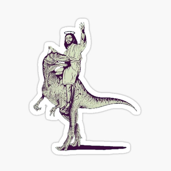 "Jesus Riding Dinosaur Sticker" Sticker for Sale by SaharHelmy | Redbubble