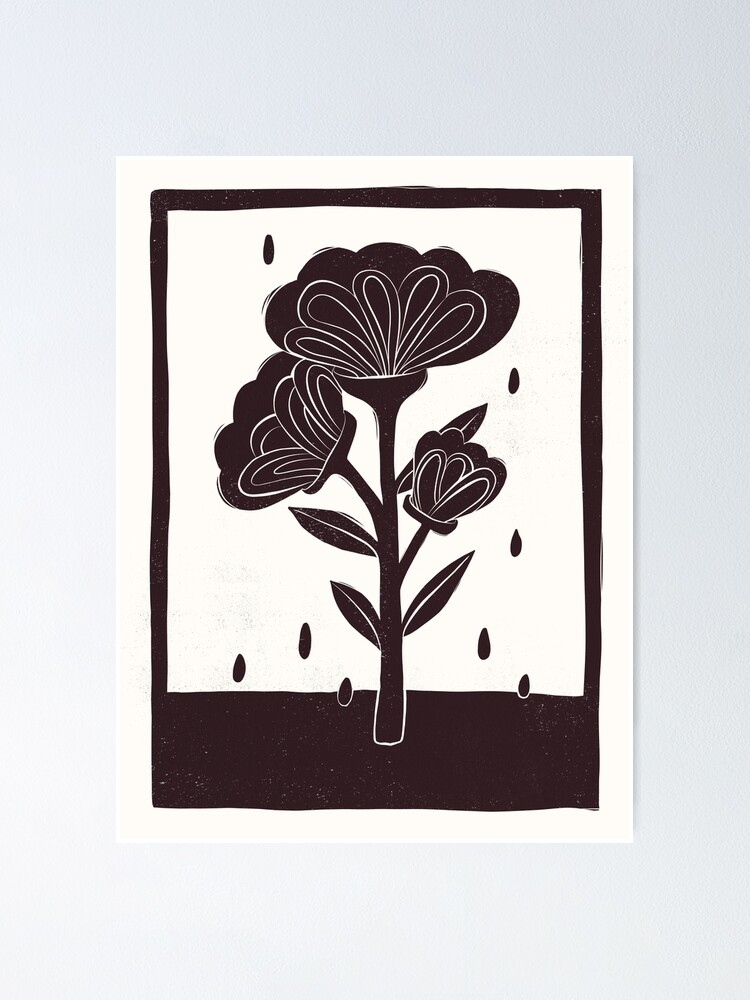 Póster «Ilustración de estilo de linograbado de flores de arte popular ...